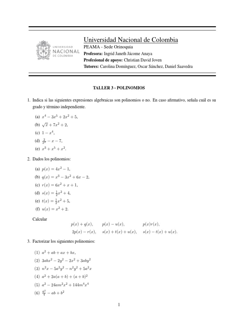 Taller 3 - Polinomios | PDF | Ciencia computacional | Álgebra