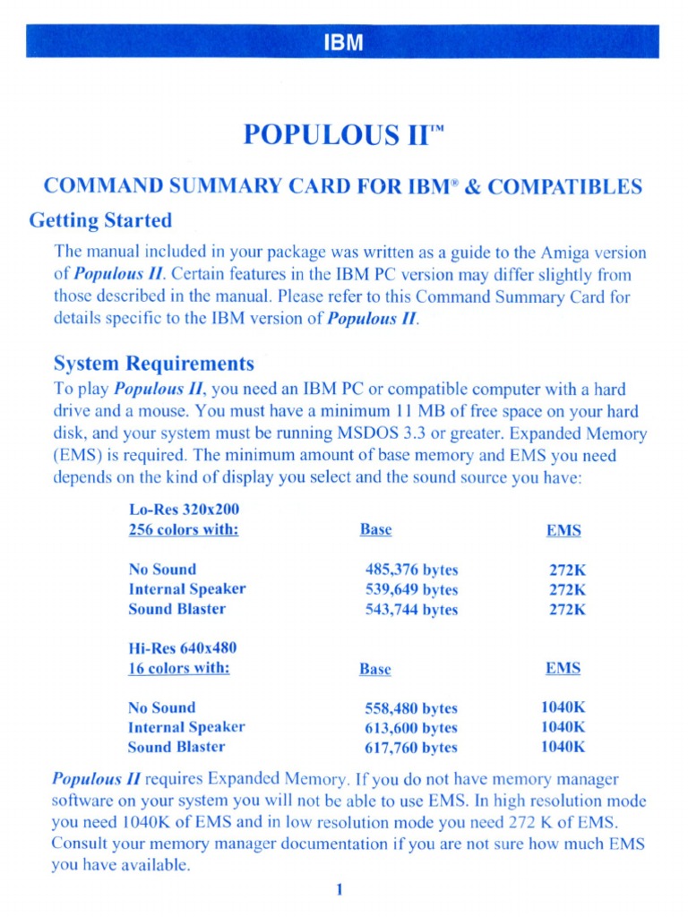 Populous II - Command Summary Card | PDF