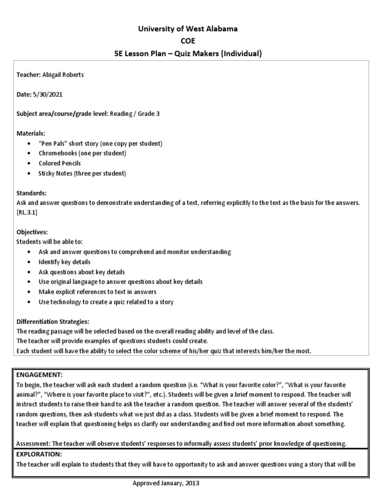 University of West Alabama COE 5E Lesson Plan - Quiz Makers (Individual ...