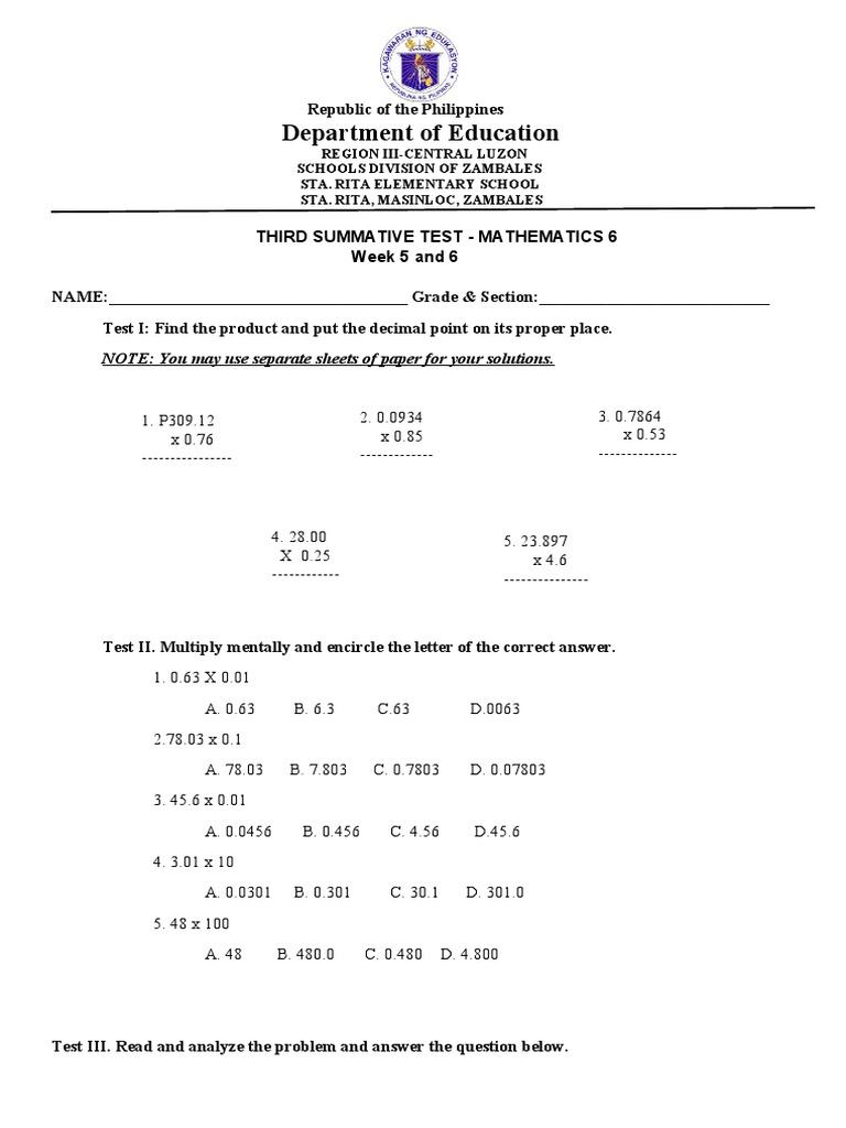 3rd SUMMATIVE TEST 6 | PDF | Multiplication | Teaching Mathematics