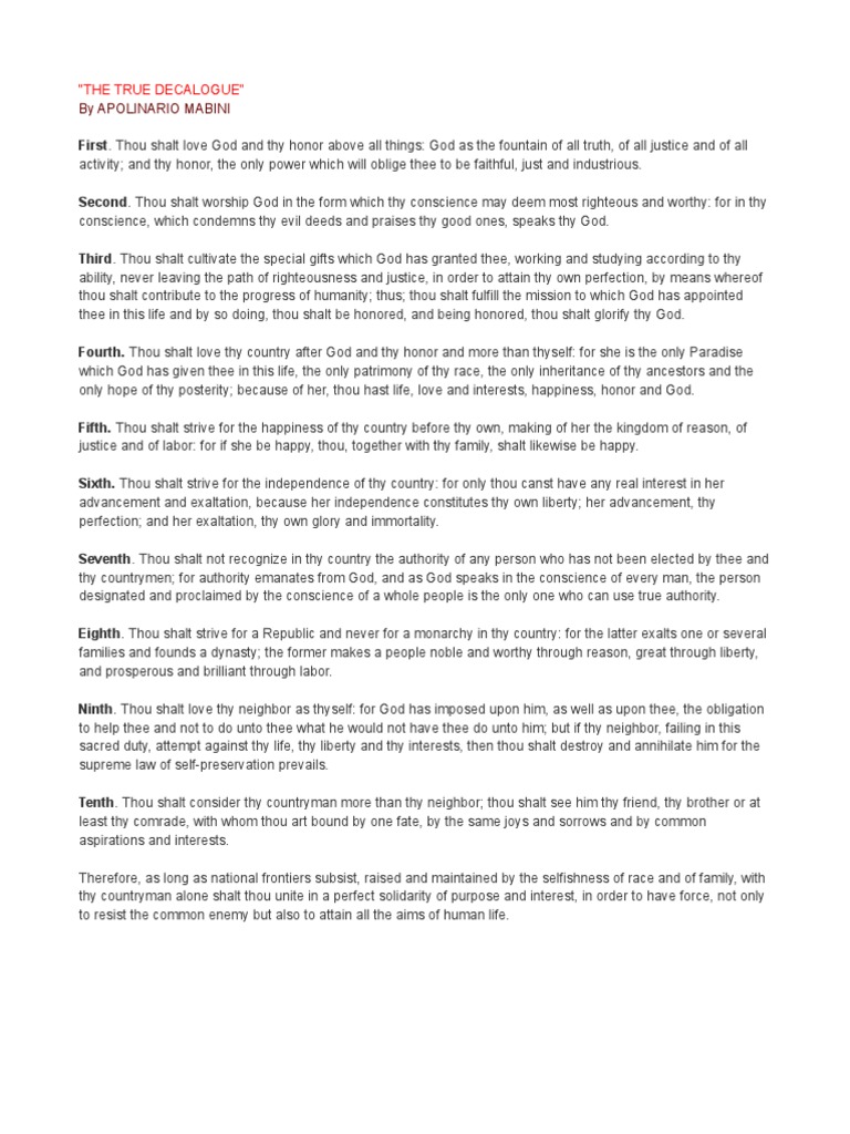 By Apolinario Mabini: "The True Decalogue"