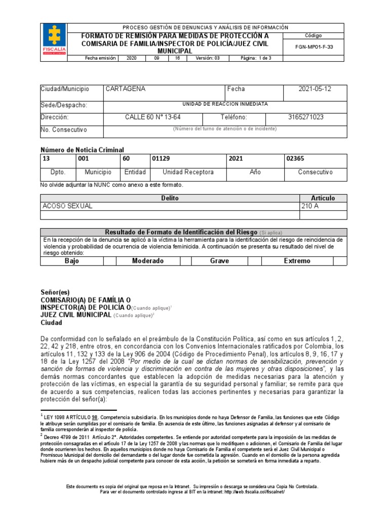 FGN-MP01-F-33 FORMATO DE REMISIÓN PARA MEDIDAS DE PROT. A COMISARIA DE FAMILIA-INSPECTOR DE ...