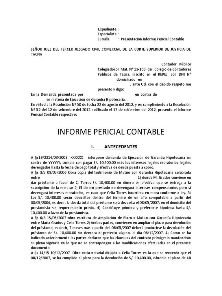 Modelo Informe Pericial Contable BRCH | PDF | Pagos | Hipoteca Comercial