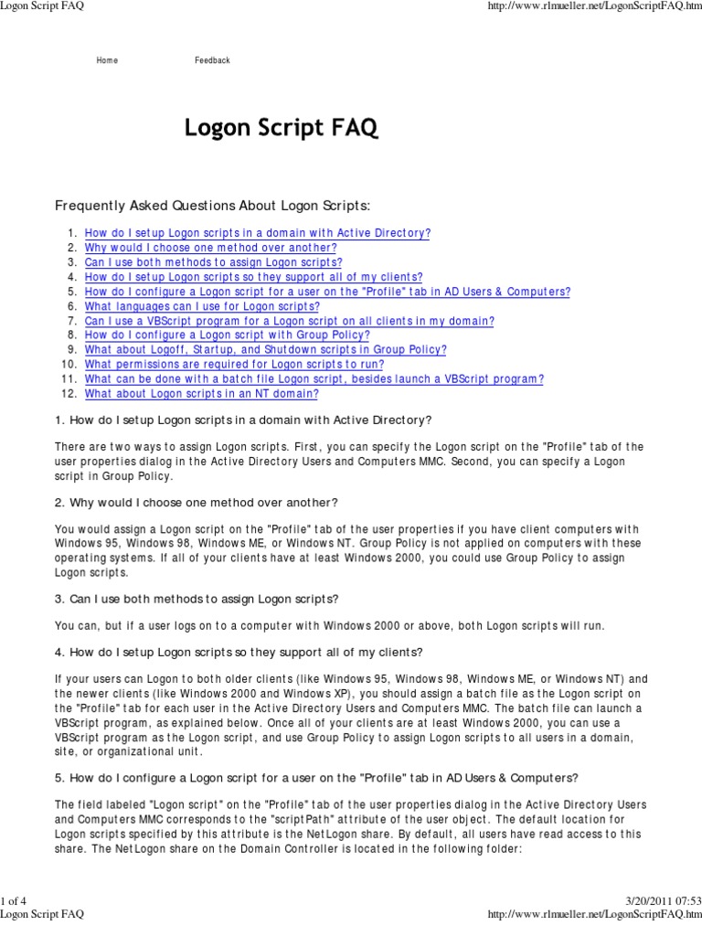 Logon Script FAQ | PDF | Group Policy | Active Directory