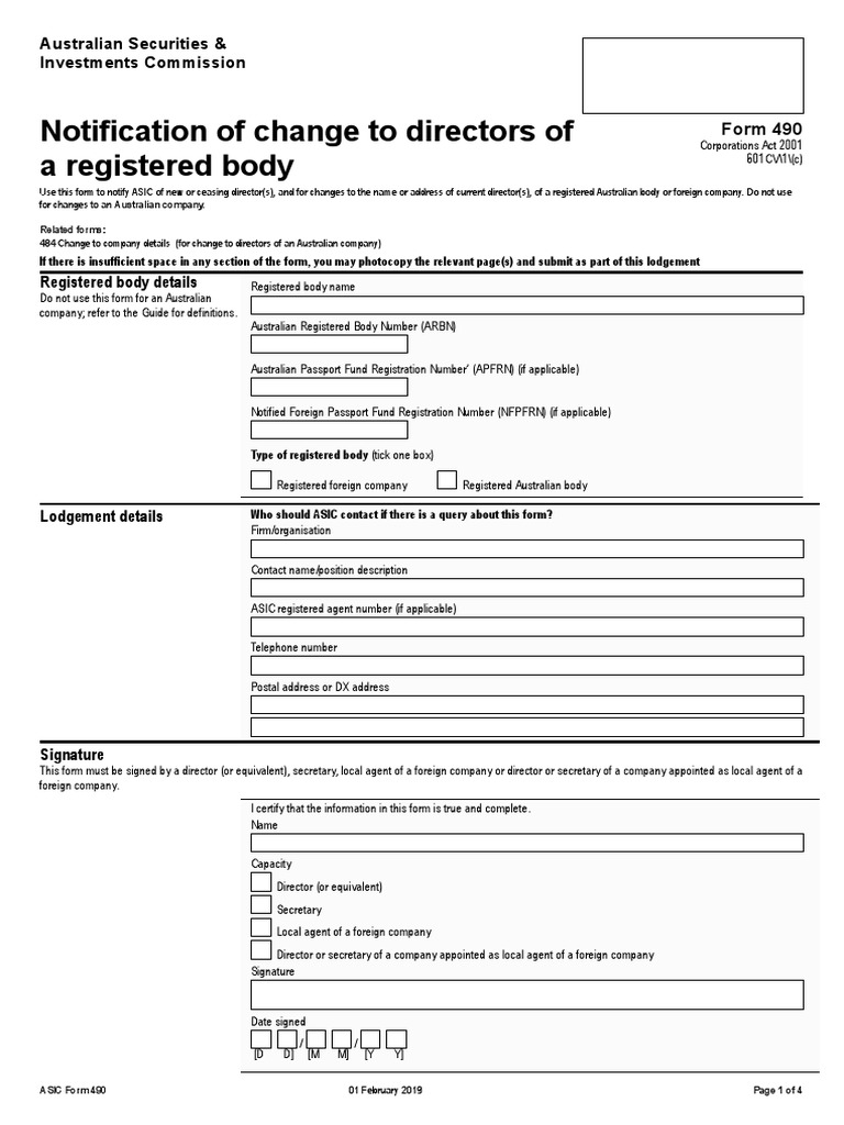 ASIC Form 490: Director Change Notification | PDF | Government | Business