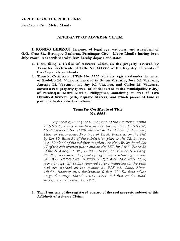 Affidavit of Adverse Claim | PDF | Affidavit | Natural Resources Law