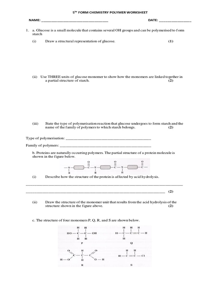 5 Form Chemistry Polymer Worksheet NAME: - DATE | PDF | Polymerization ...