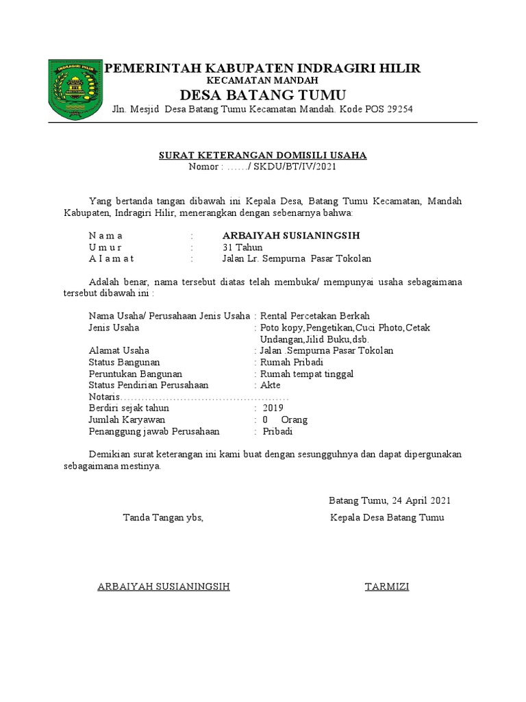 Contoh Surat Keterangan Domisili Usaha | PDF