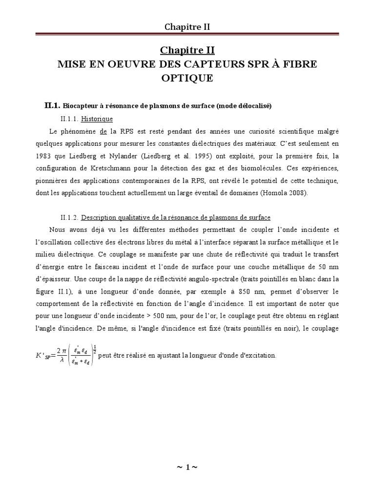 Chapitre II Mise en Oeuvre Des Capteurs SPR À Fibre Optique | PDF | Réflectance | Indice de ...