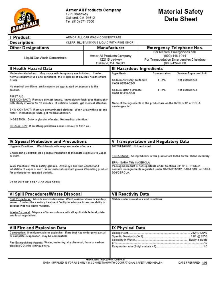 Material Safety Data Sheet: Armor All Products Company | PDF | Water ...
