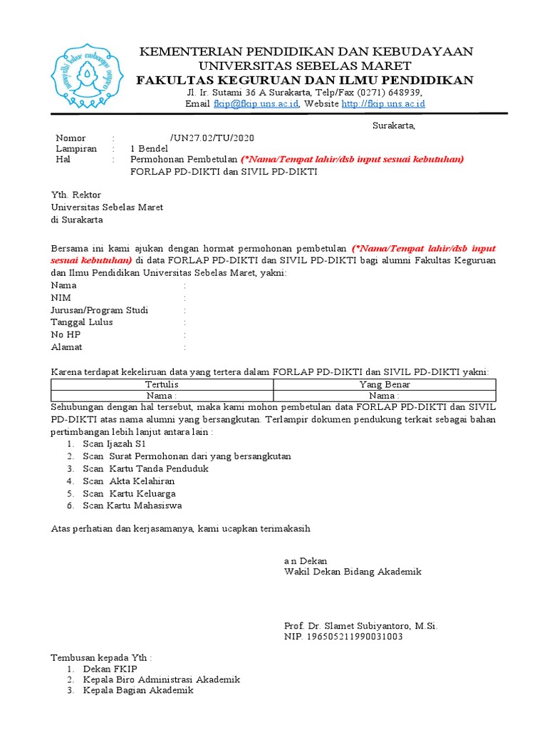 13 Surat Permohonan Perubahan Data Forlap Dan Sivil Pddikti | PDF