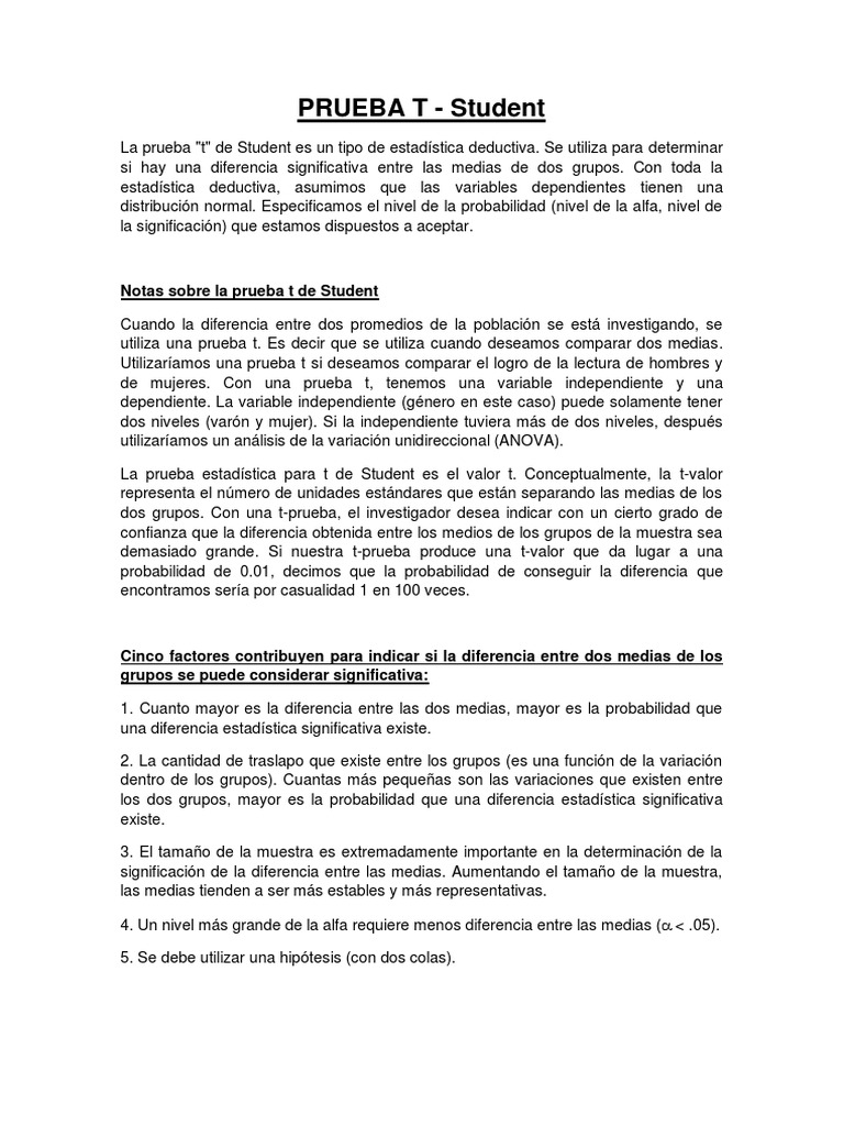 PRUEBA T - Student | PDF | Muestreo (Estadísticas) | Estadísticas