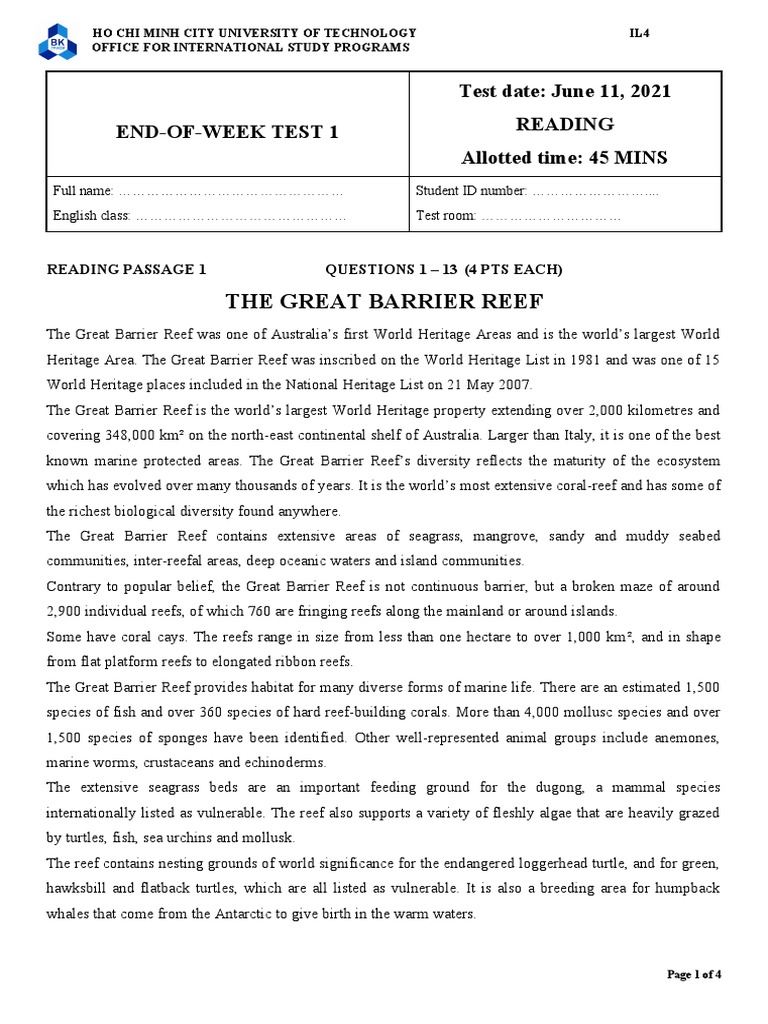 The Great Barrier Reef: End-Of-Week Test 1 Test Date: June 11, 2021 ...