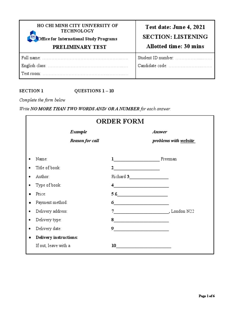 Order Form: Preliminary Test | PDF | Charles Dickens | Pharmacy