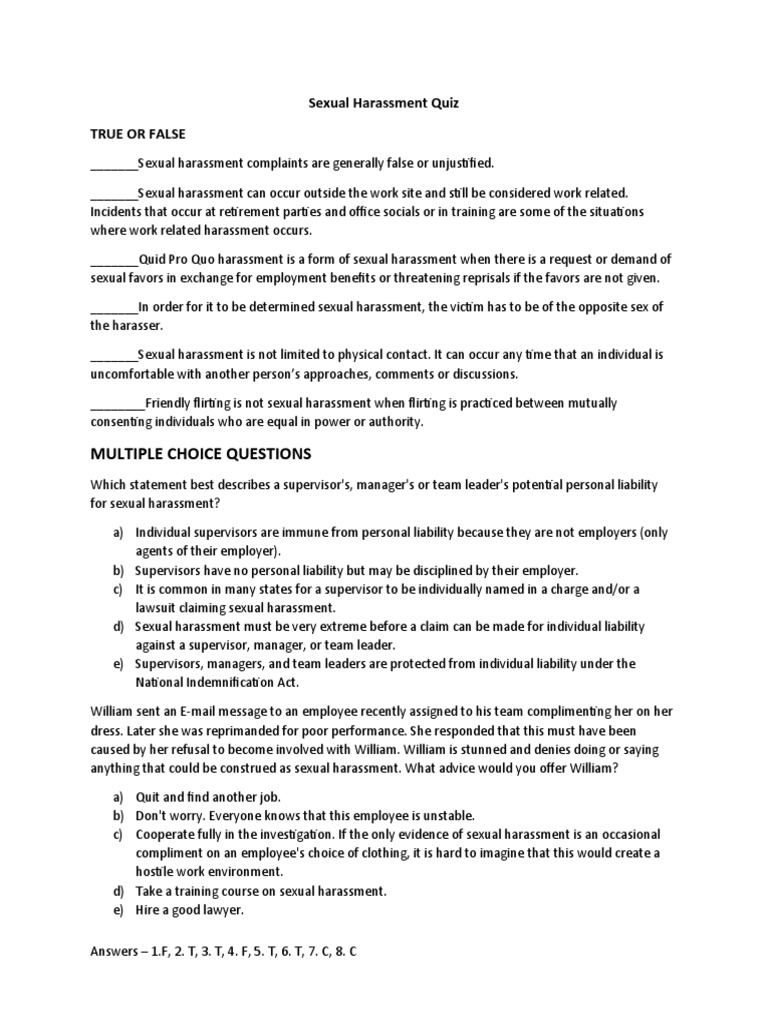 Sexual Harassment Quiz Master With Answers | PDF | Sexual Harassment ...