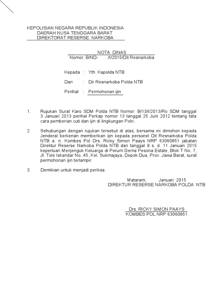 Nota Dinas Cuti Atau Ijin | PDF