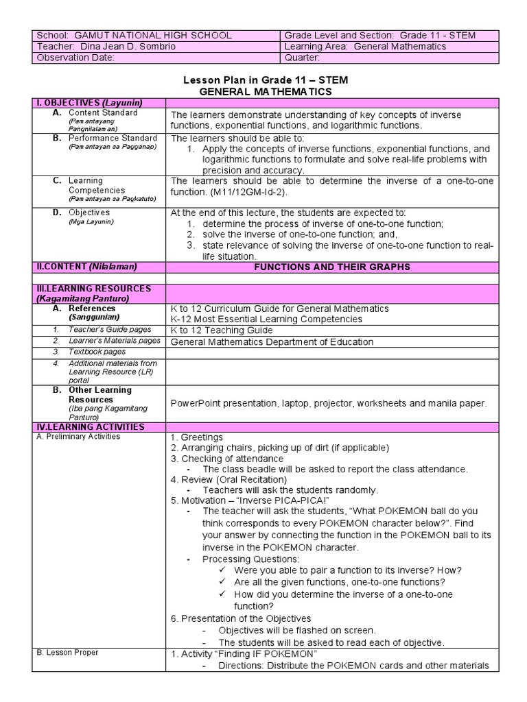 Lesson Plan in Grade 11 - STEM General Mathematics: I. OBJECTIVES ...