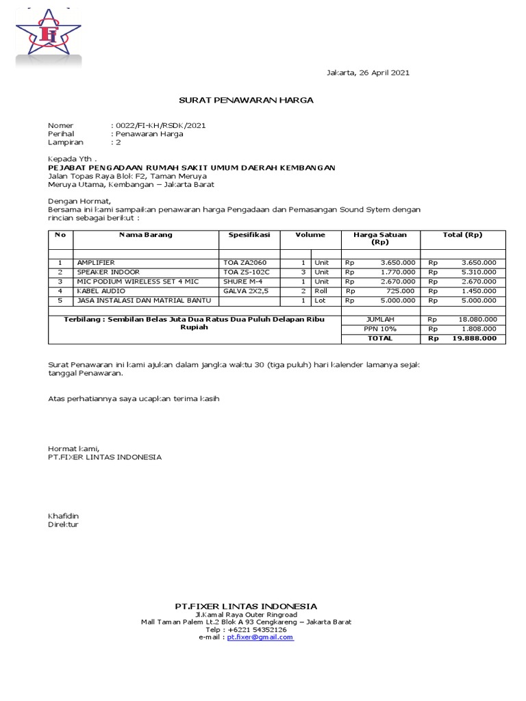 Penawaran Harga Pengadaan dan Pemasangan Sound System untuk Rumah Sakit ...