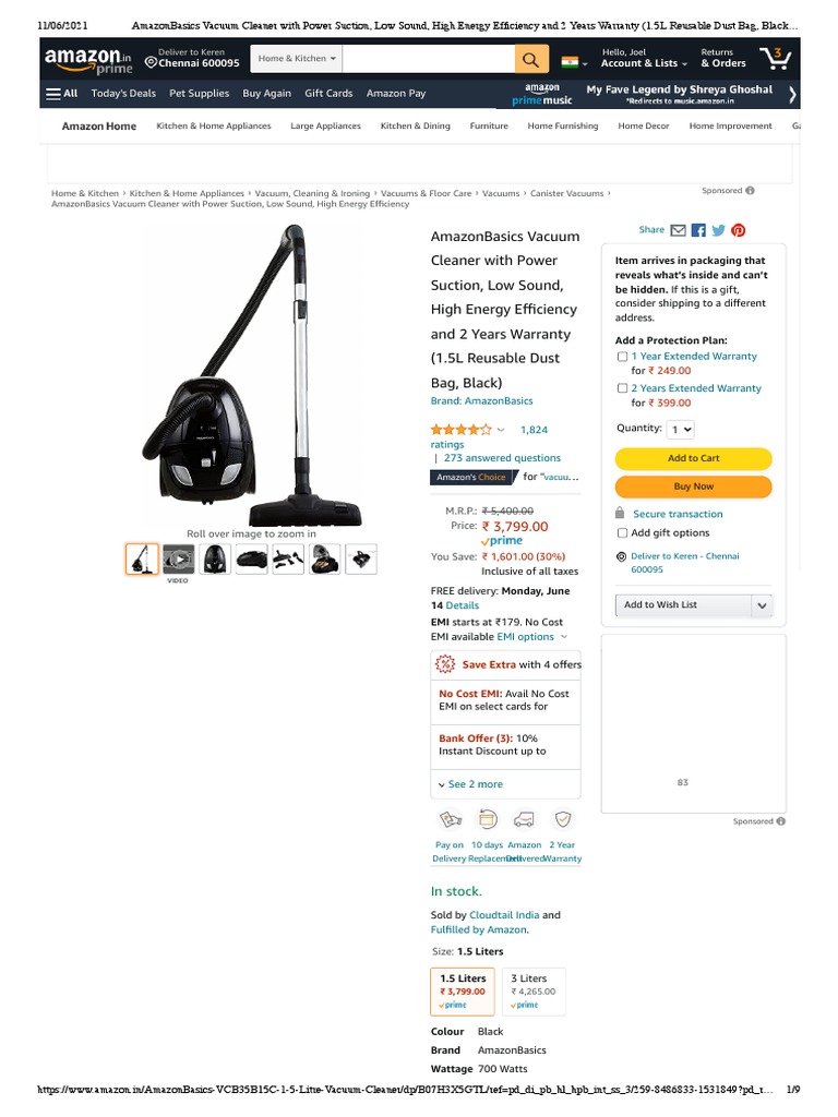 Amazonbasics Vacuum Cleaner With Power Suction, Low Sound, High Energy ...