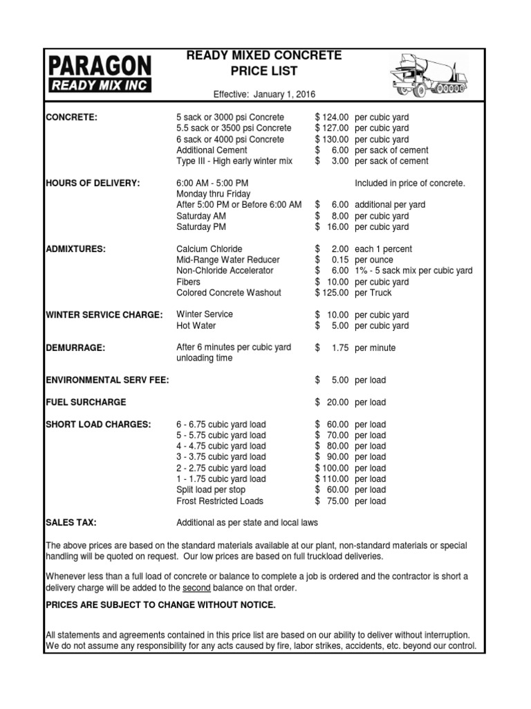 Ready Mixed Concrete Price List | PDF | Concrete | Materials