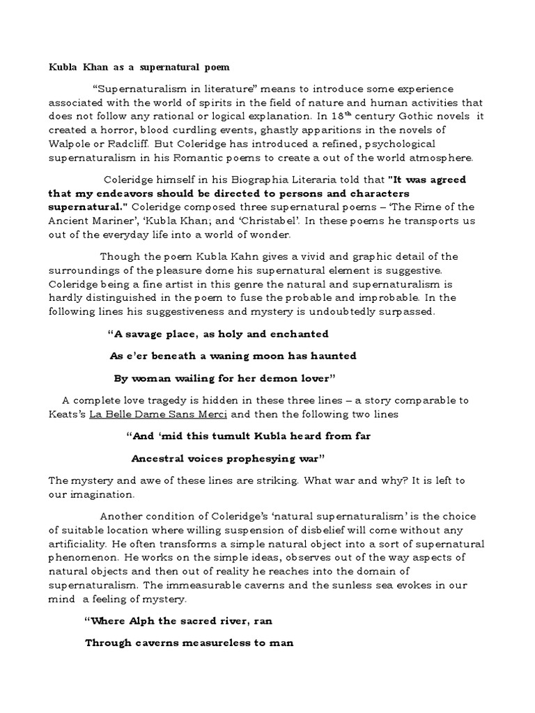 Kubla Khan As A Supernatural Poem | PDF | Samuel Taylor Coleridge | Poetry