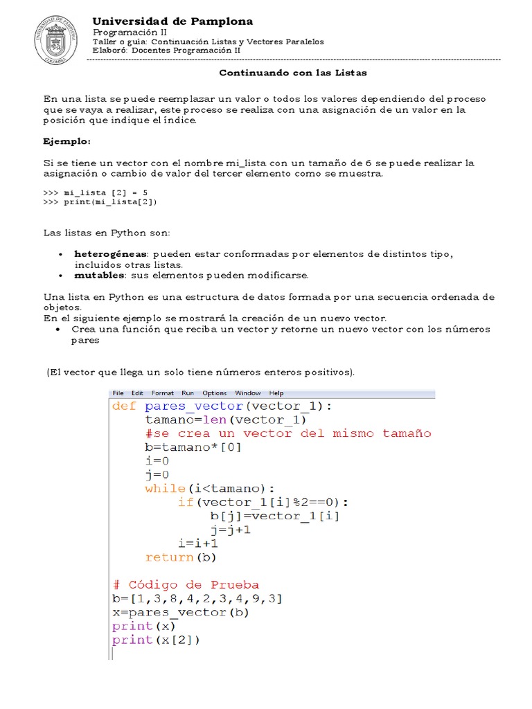 Continuación Listas y Vectores Parelelos | PDF | Estructura de datos de matriz | Python ...