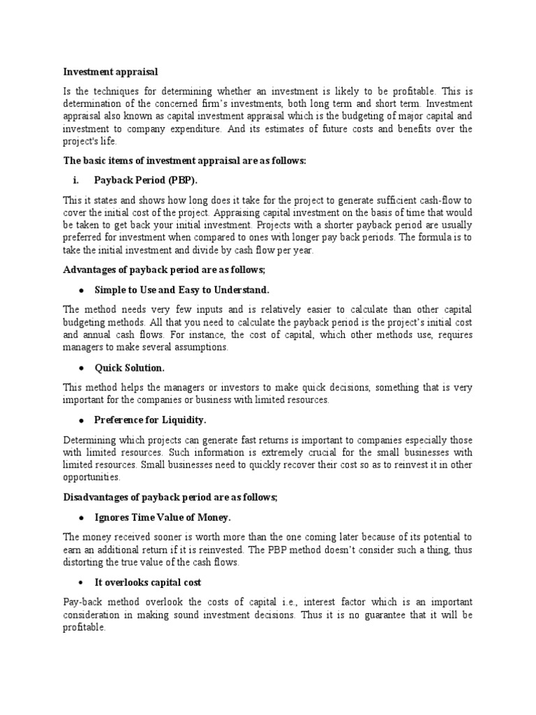 Investment Appraisal Techniques | PDF | Net Present Value | Internal ...