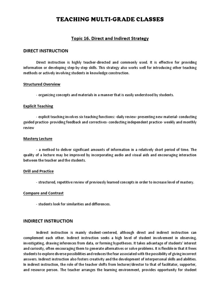 Teaching Multi-Grade Classes: Topic 16. Direct and Indirect Strategy Direct Instruction | PDF ...