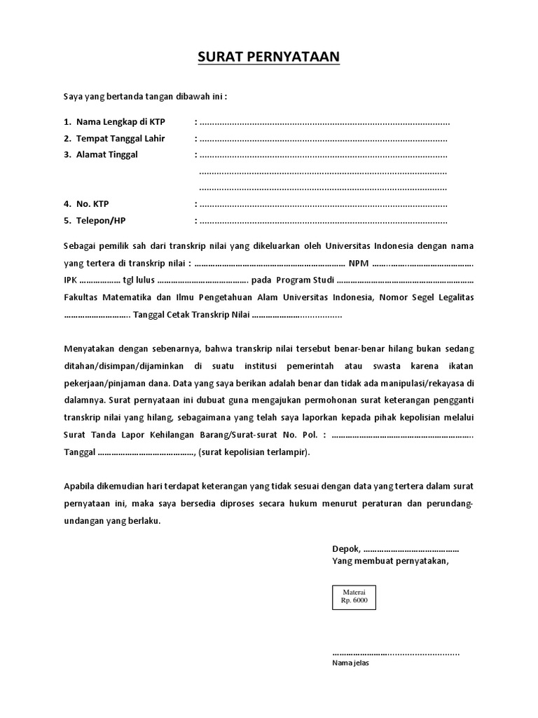 Form SRT Pernyataan Kehilangan Transkrip | PDF