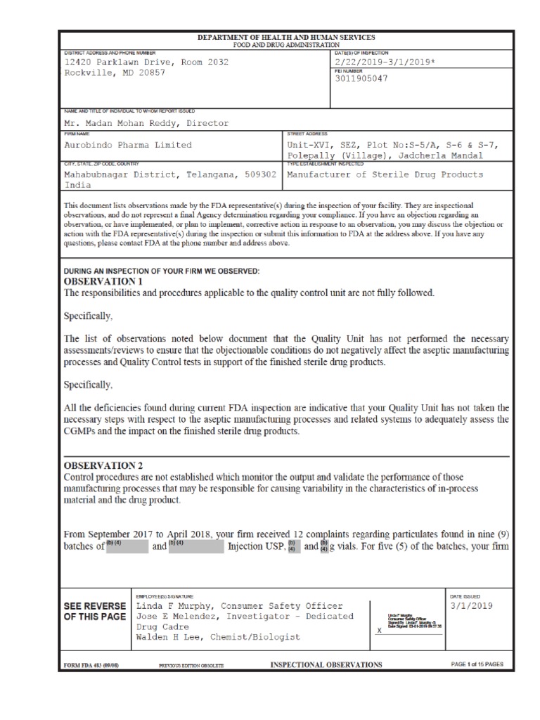 Aurobindo Pharma LTD 483 | PDF