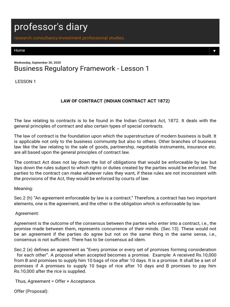 Business Regulatory Framework | PDF | Consideration | Law Of Obligations