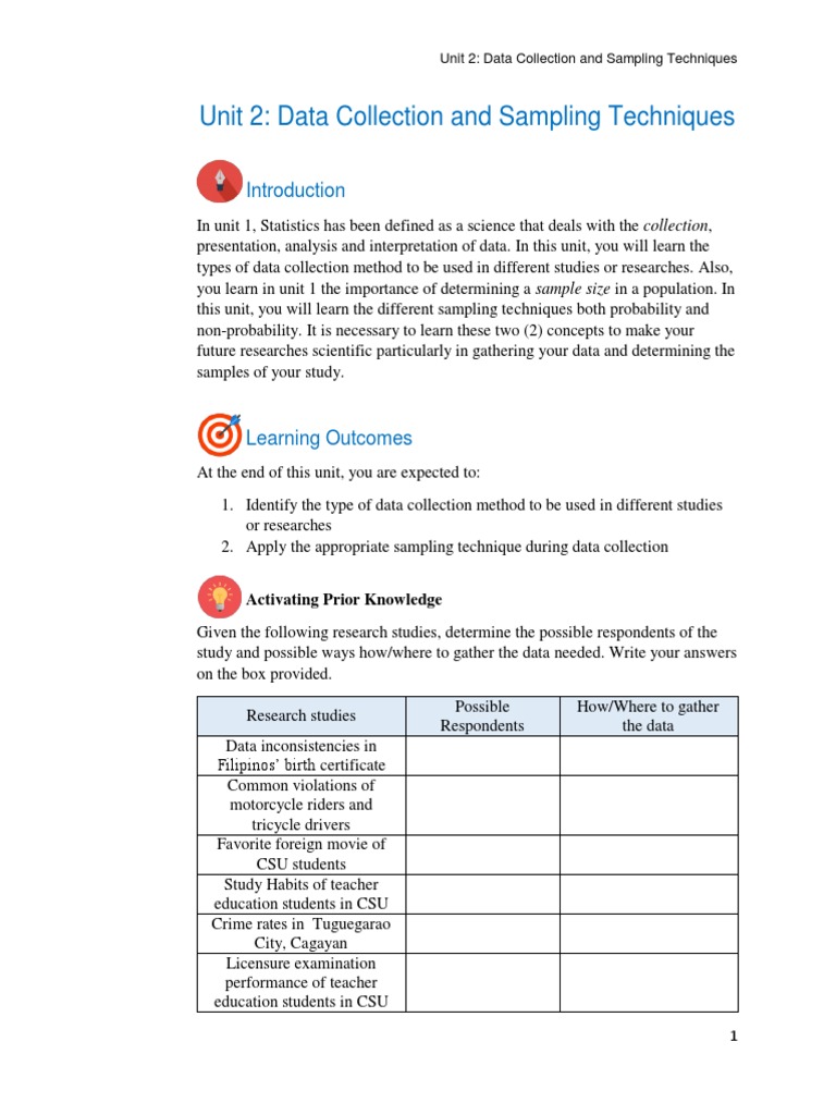 Unit 2: Data Collection and Sampling Techniques: Activating Prior Knowledge | Download Free PDF ...