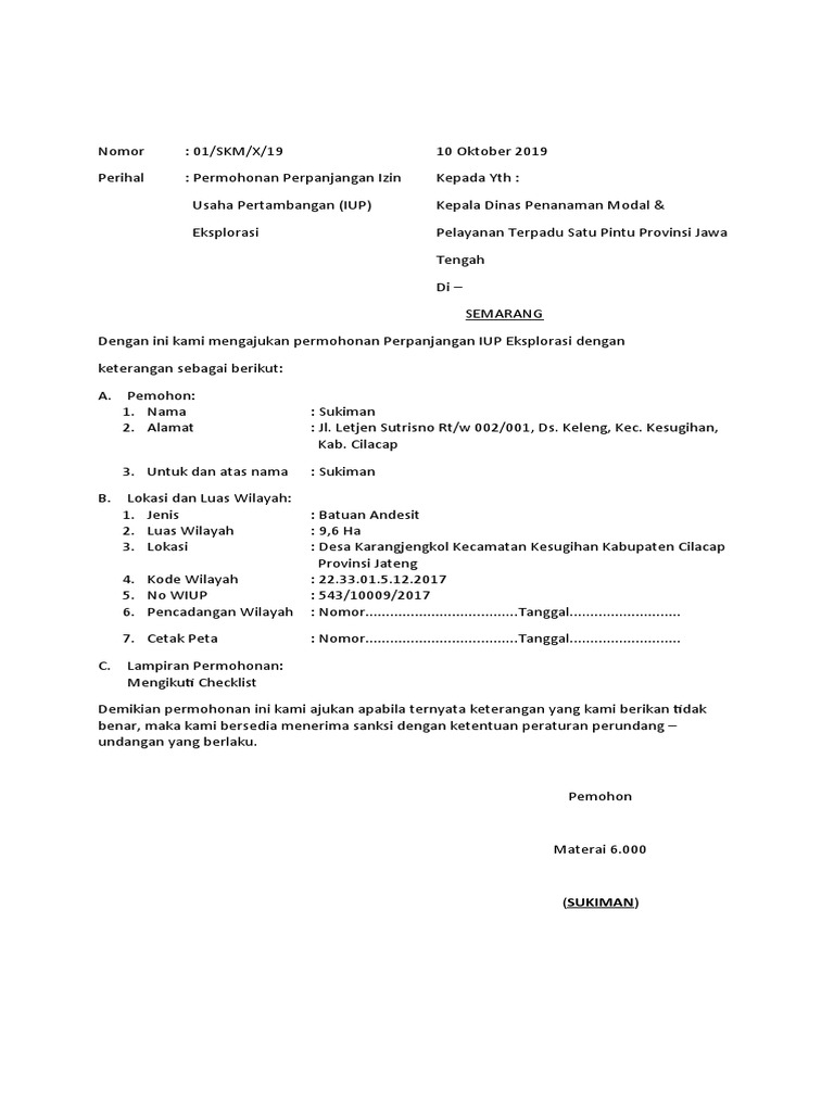 Surat Permohonan Perpanjangan Iup Eks | PDF