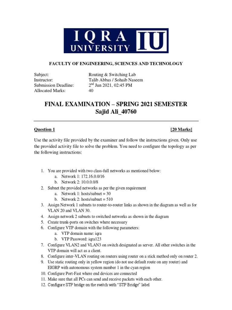 Final Examination - Spring 2021 Semester Sajid Ali - 40760: Faculty of Engineering, Sciences and ...