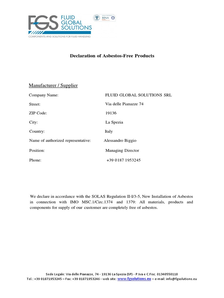 Declaration of Asbestos-Free Products: Manufacturer / Supplier | PDF