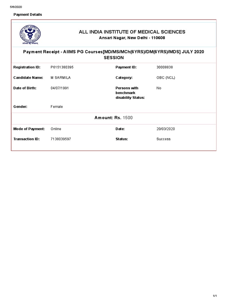 Aiims Bank Fees Receipt | PDF