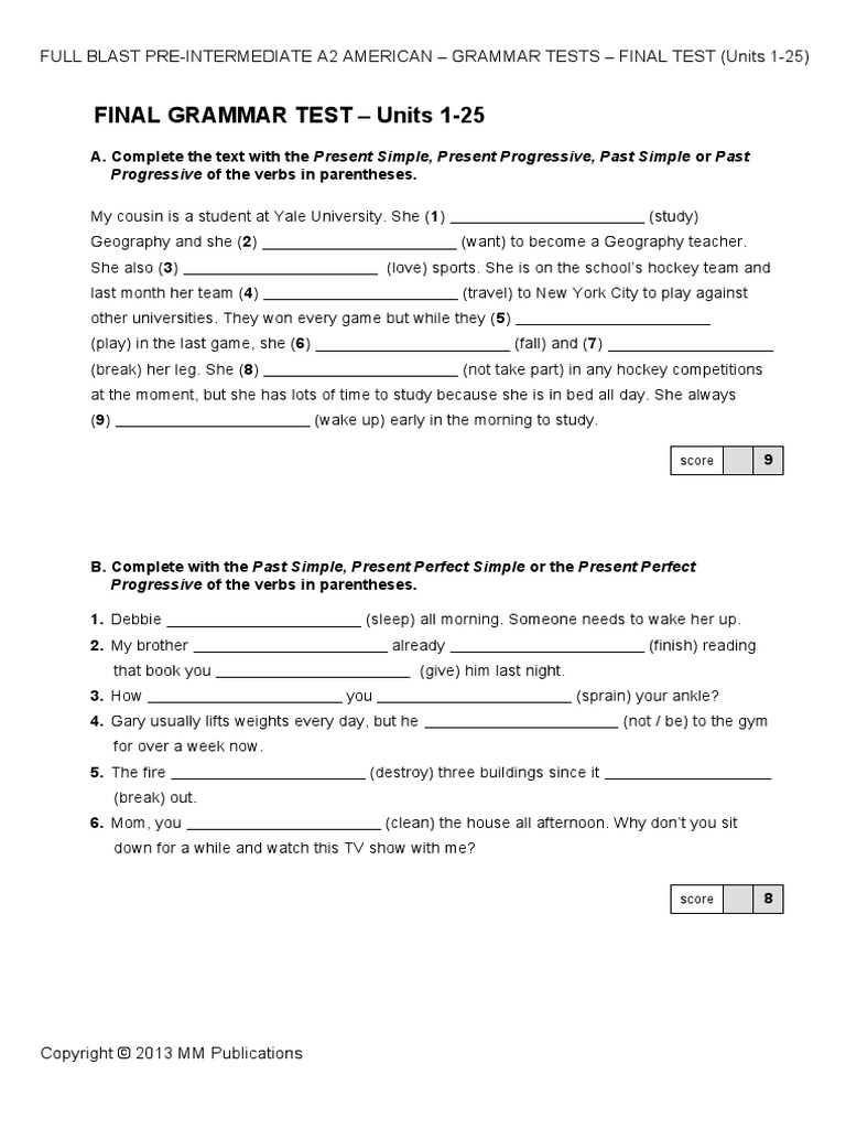Full Blast - American - Pre Intermediate A2 - Grammar Tests - Final ...