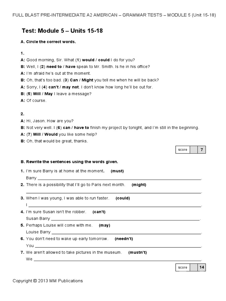 Full Blast - American - Pre Intermediate A2 - Grammar Tests - Mod - 5 | PDF