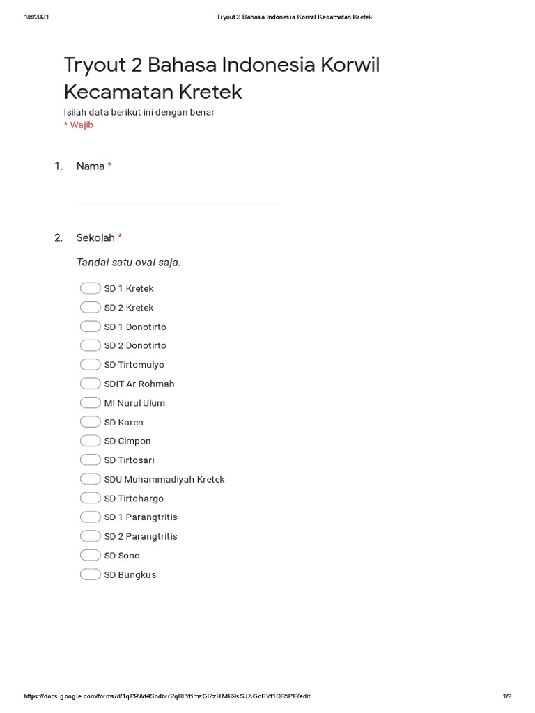 TRYOUT 2 Bahasa Indonesia Korwil Kecamatan Kretek - Google Formulir | PDF