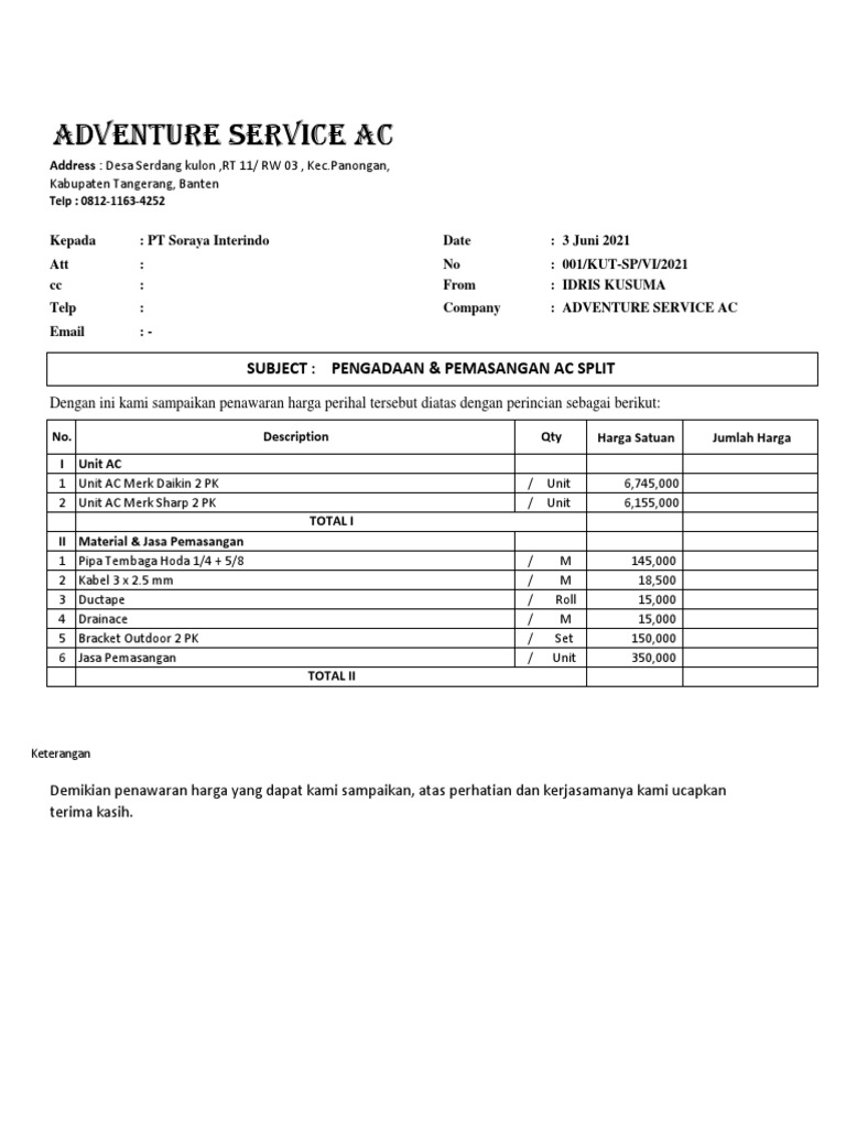 Penawaran Pengadaan & Pemasangan AC Split | PDF