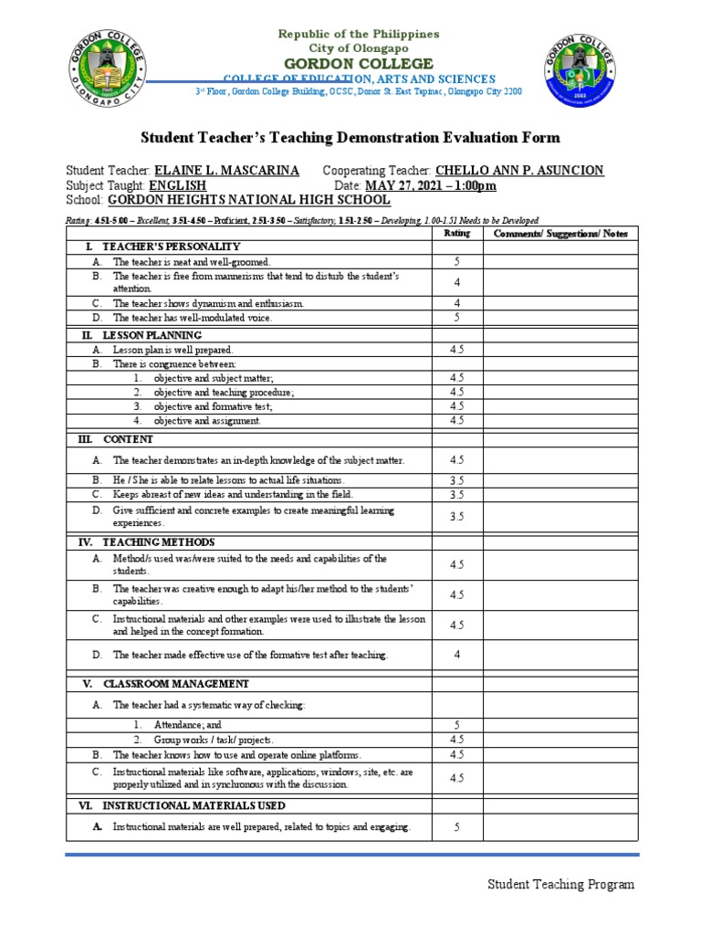 Student Teacher's Teaching Demonstration Evaluation Form: Gordon ...