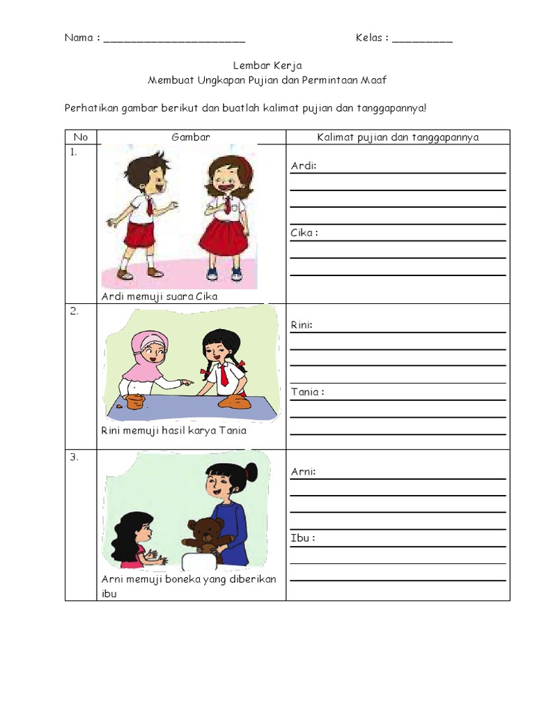 Worksheet Membuat Kalimat Pujian Dan Maaf | PDF | Seni & Disiplin Bahasa