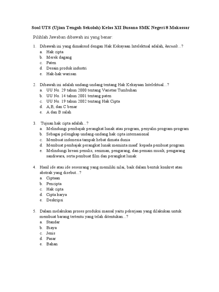 Soal Uts Kelas Xii Busana SMK Negeri 8 Makassar | PDF