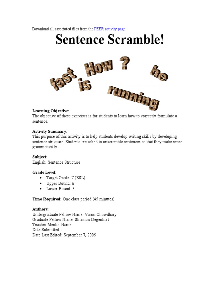 Sentence Scramble Activity Plan | PDF | Sentence (Linguistics ...