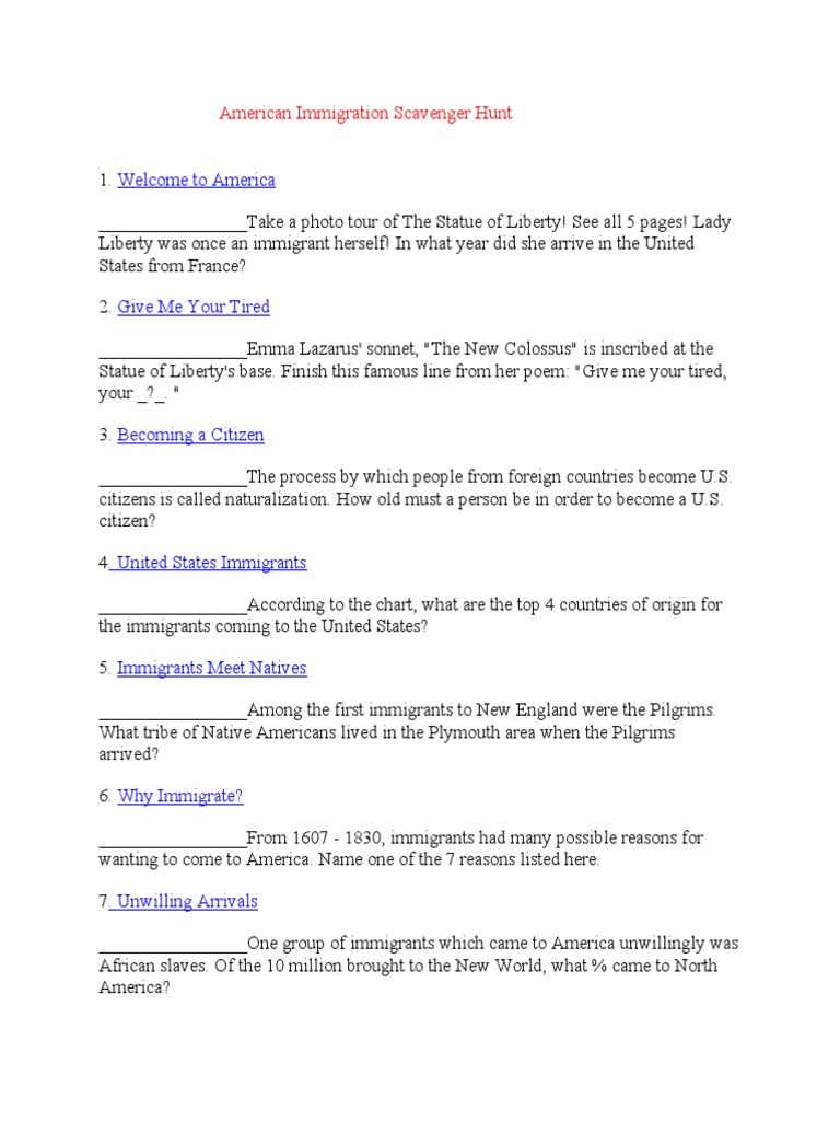 American - Immigration Scavenger Hunt | PDF | Immigration | Cultural ...