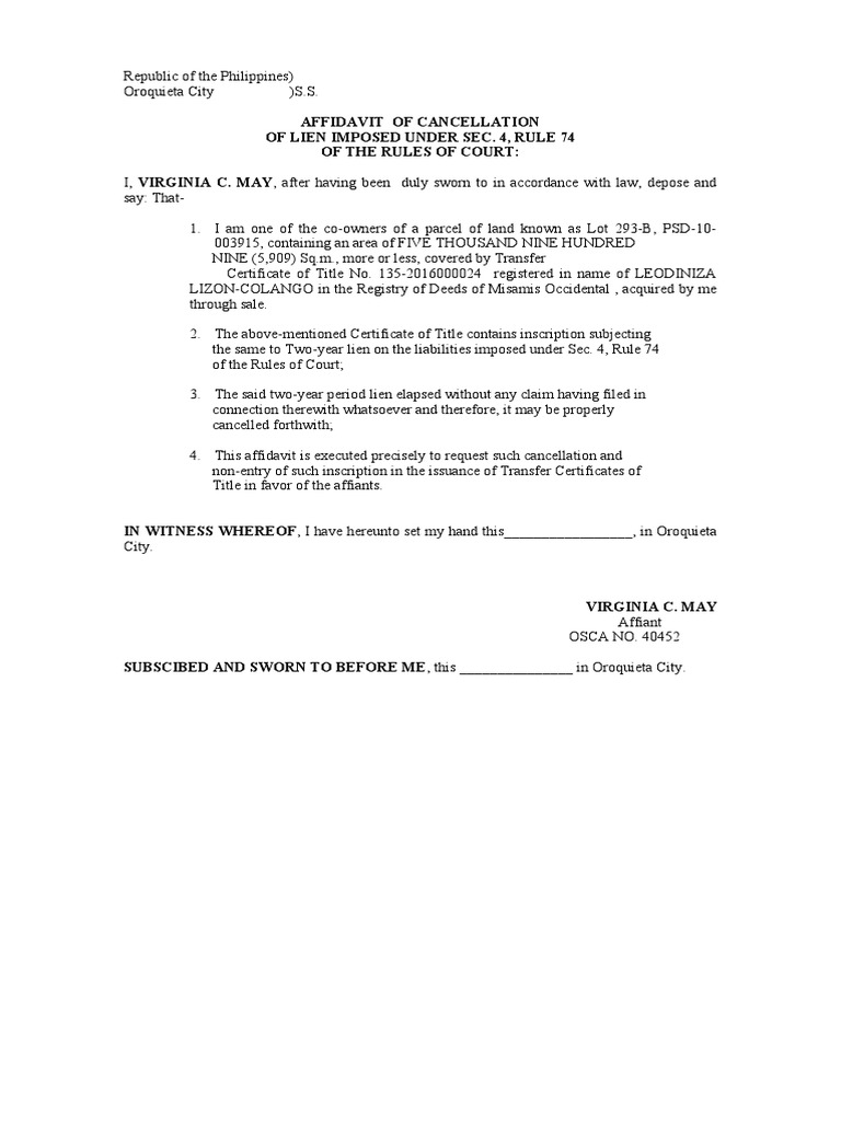 Affidavit for Lien Cancellation | PDF