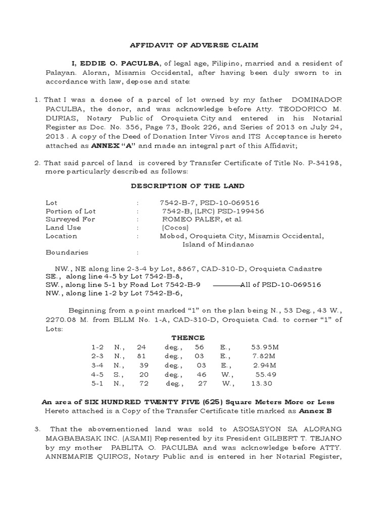 Affidavit of Adverse Claim-Paculba | PDF | Affidavit | Legal Documents