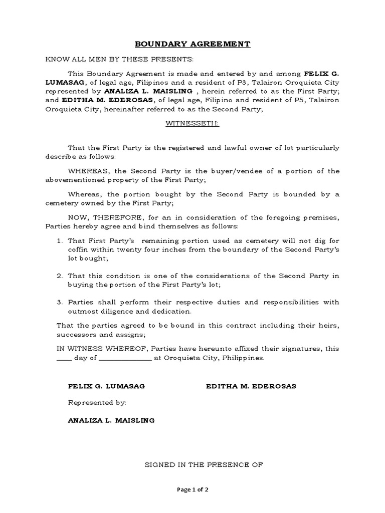 Boundary Agreement (Lumasag) | PDF | Law And Economics | Civil Law ...