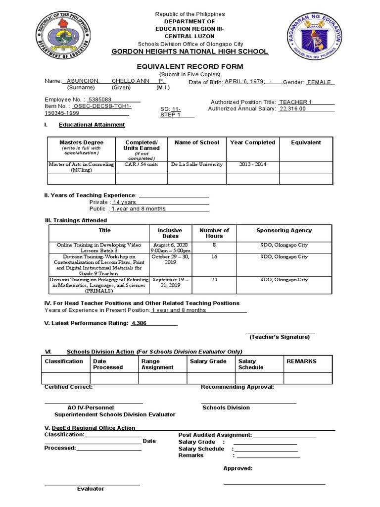 Gordon Heights National High School Equivalent Record Form: (Write in ...