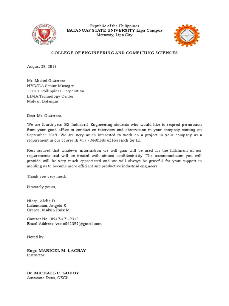 BSU IE Students Request Company Observation | PDF | Industrial ...